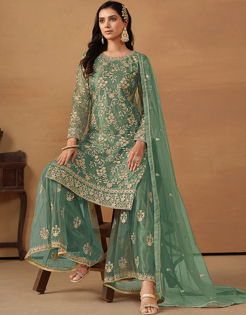 Heavy Designer Wedding Wear Net Salwar Suit In Lunar Green Net With ...