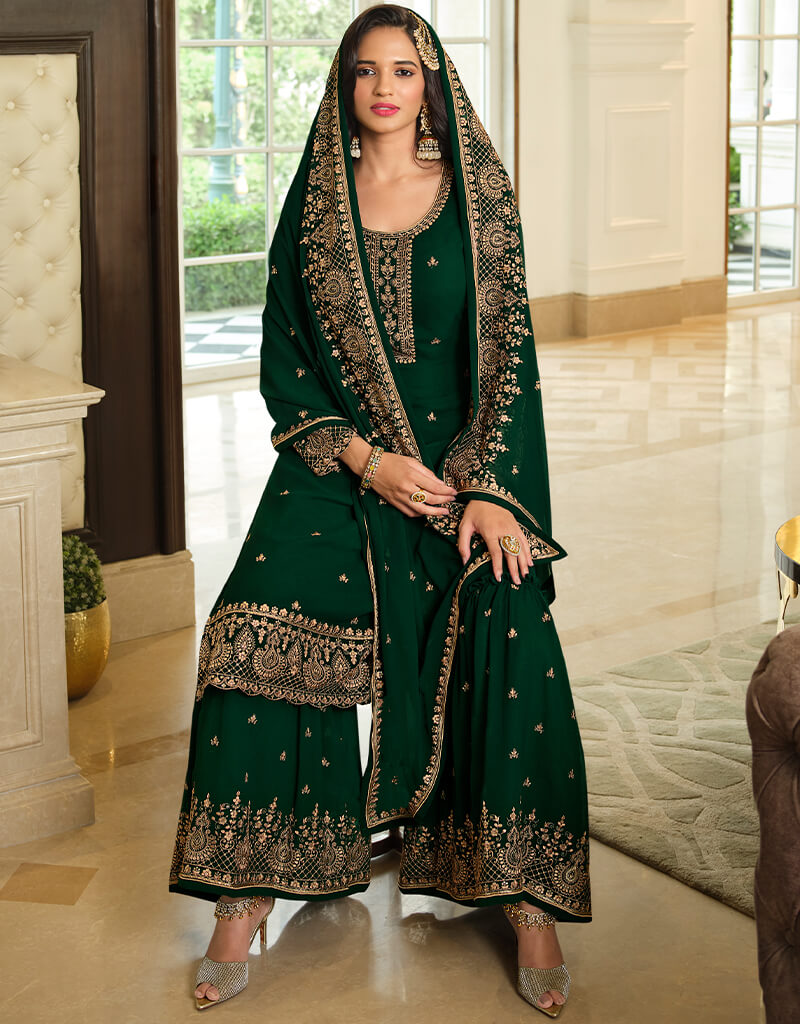 Green Sharara style Suit Semi-Stitched Suits Salwar Kameez in ...