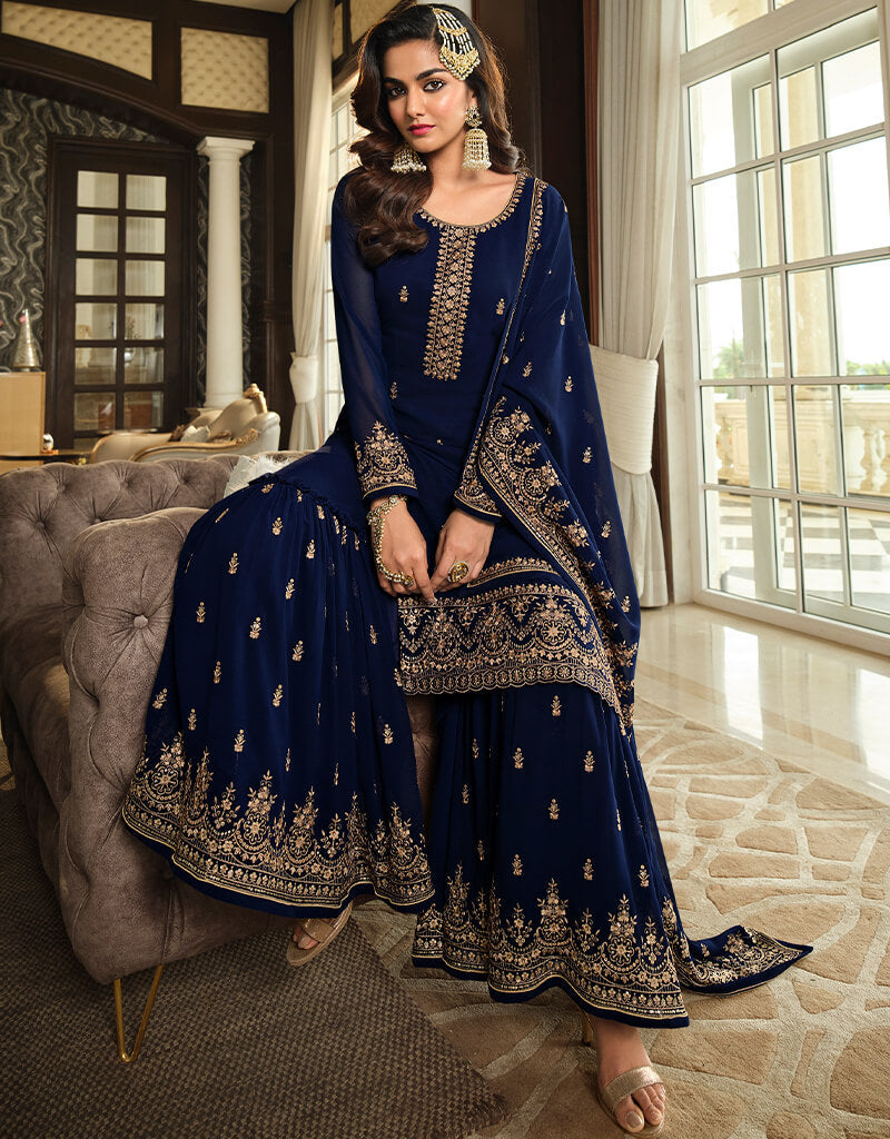 Navy Blue Sharara style Suit Semi-Stitched Suits Salwar Kameez in ...