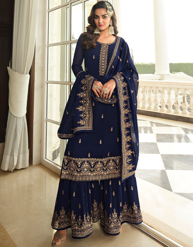 Navy Blue Sharara style Suit Semi-Stitched Suits Salwar Kameez in ...