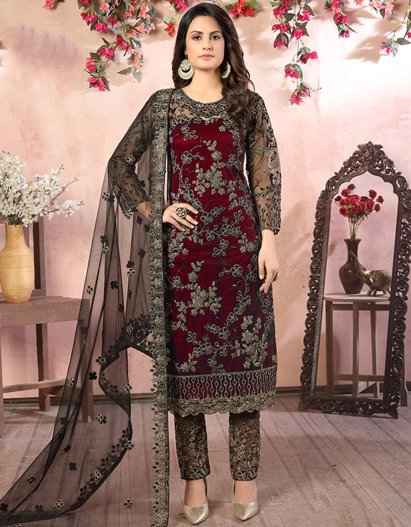 Brown Net Pant Suit Yellow Embroidery Work & Sequence Work Dupatta ...