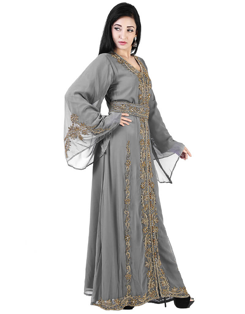 Arabic Grey Georgette Pearl Embroidery Kaftan Moroccan, Golden ...