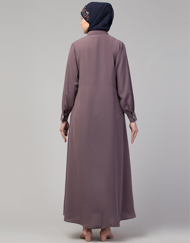 Arabic Abaya with a simple front-open design and cuffs for a stylish In Color Plum Front Open ...