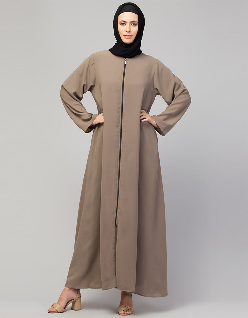 Muslim Front-Open Zip Abaya for Casual Wear In the Shade of Khaki Front Open, Plain, Matt Nida ...