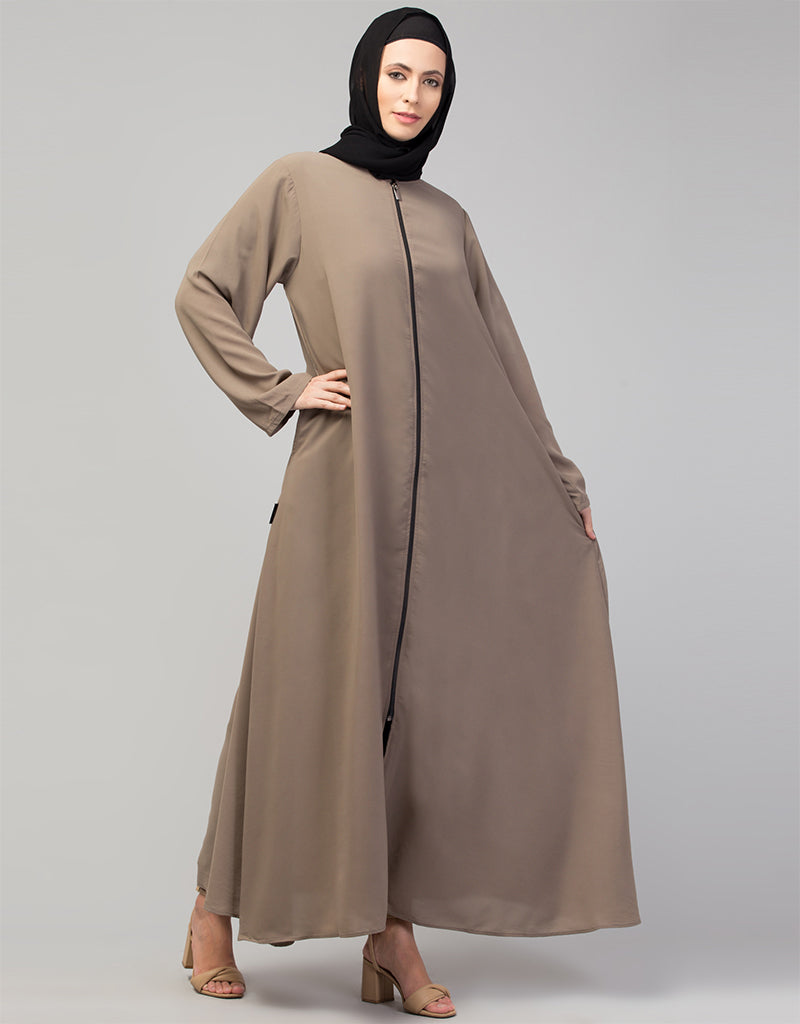 Muslim Front-Open Zip Abaya for Casual Wear In the Shade of Khaki Front ...