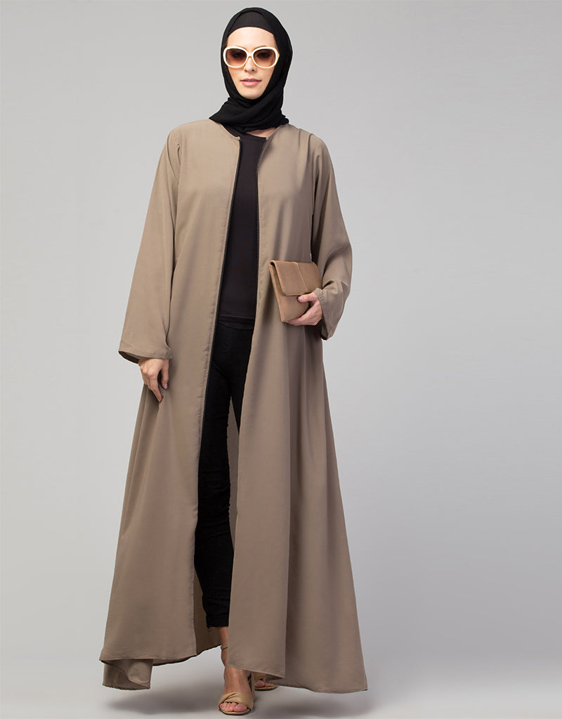 Muslim Front-Open Zip Abaya for Casual Wear In the Shade of Khaki Front ...