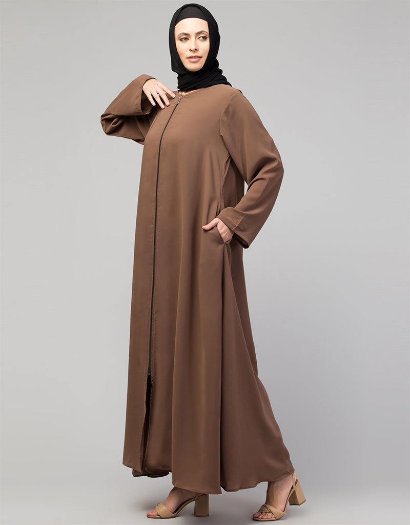 Modest Daily Abaya with Detachable Zipper In the Color Brown Front Open ...