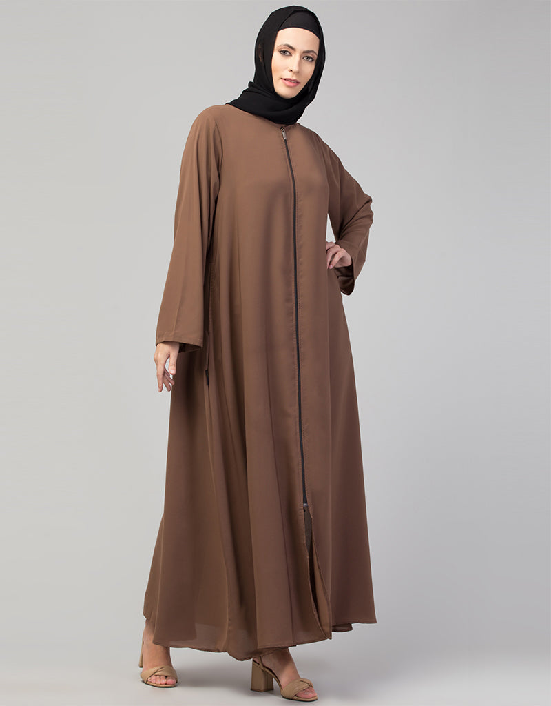 Modest Daily Abaya with Detachable Zipper In the Color Brown Front Open, Plain, Matt Nida ...