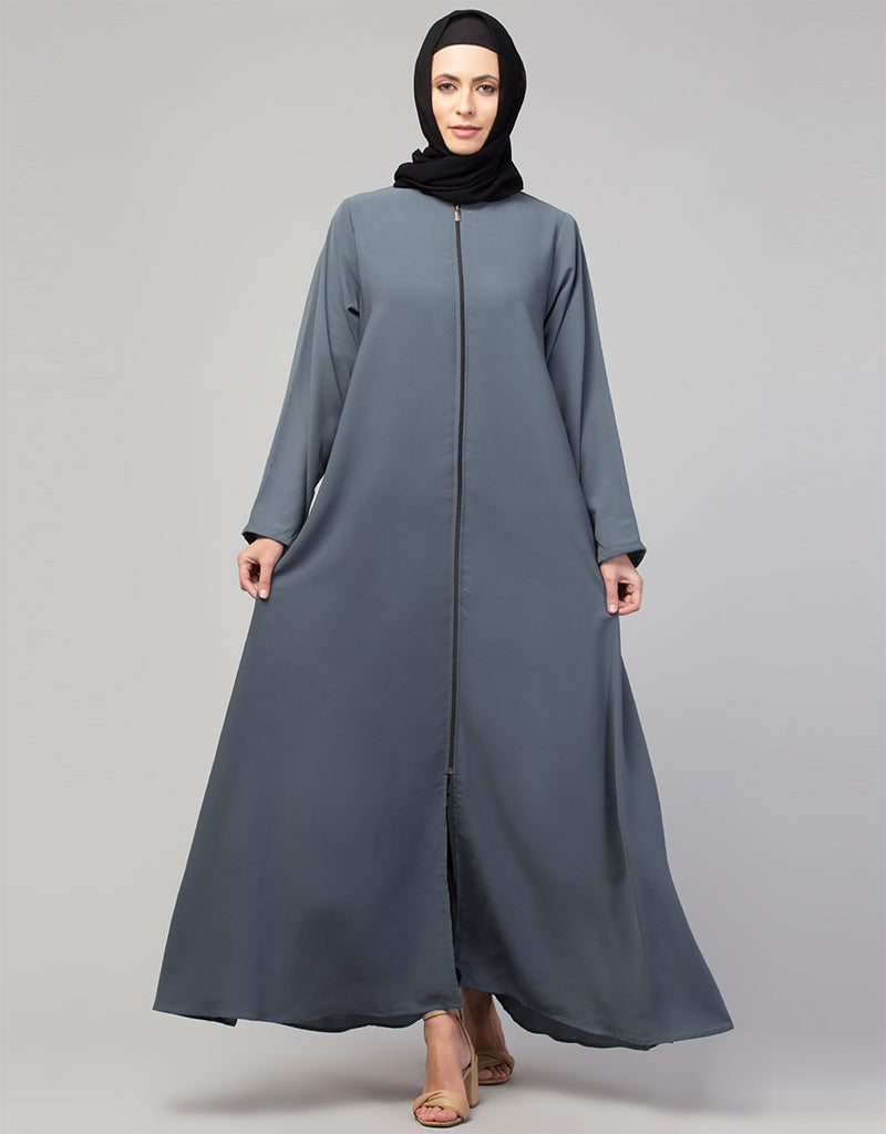 Arabic Basic Abaya with Zipper and Long Sleeves In the Color Grey Front Open, Plain, Matt Nida ...