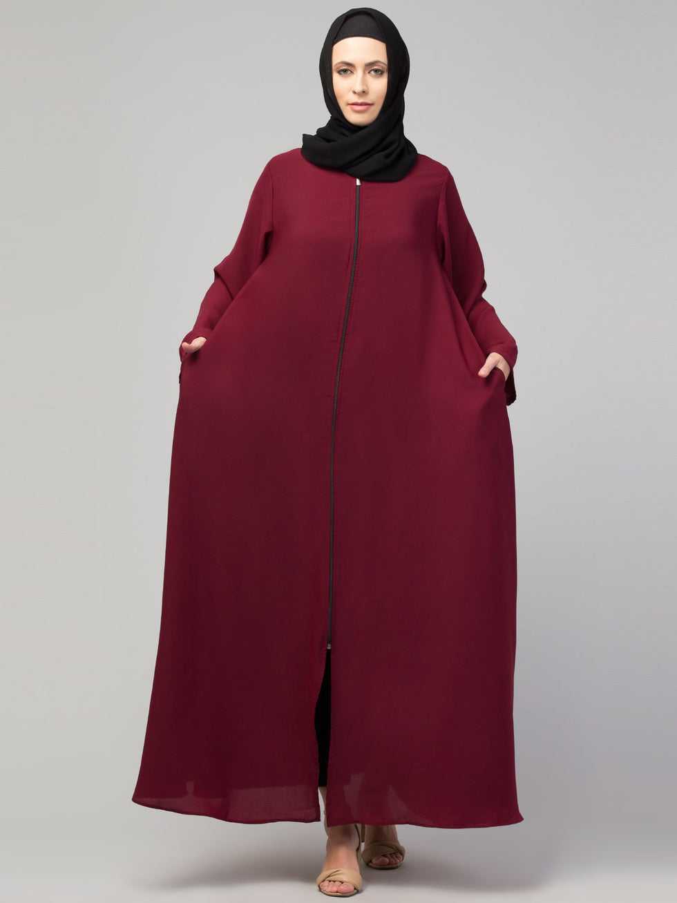 Muslimah Basic Abaya with Zipper for Everyday Life In the Color Maroon Front Open, Plain, Matt ...