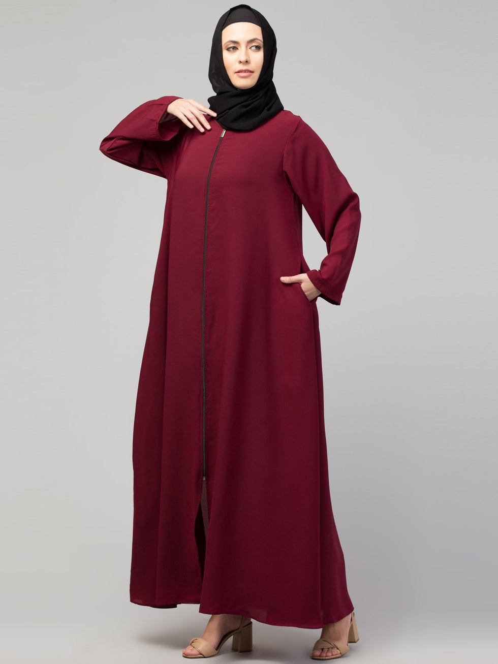 Muslimah Basic Abaya with Zipper for Everyday Life In the Color Maroon Front Open, Plain, Matt ...