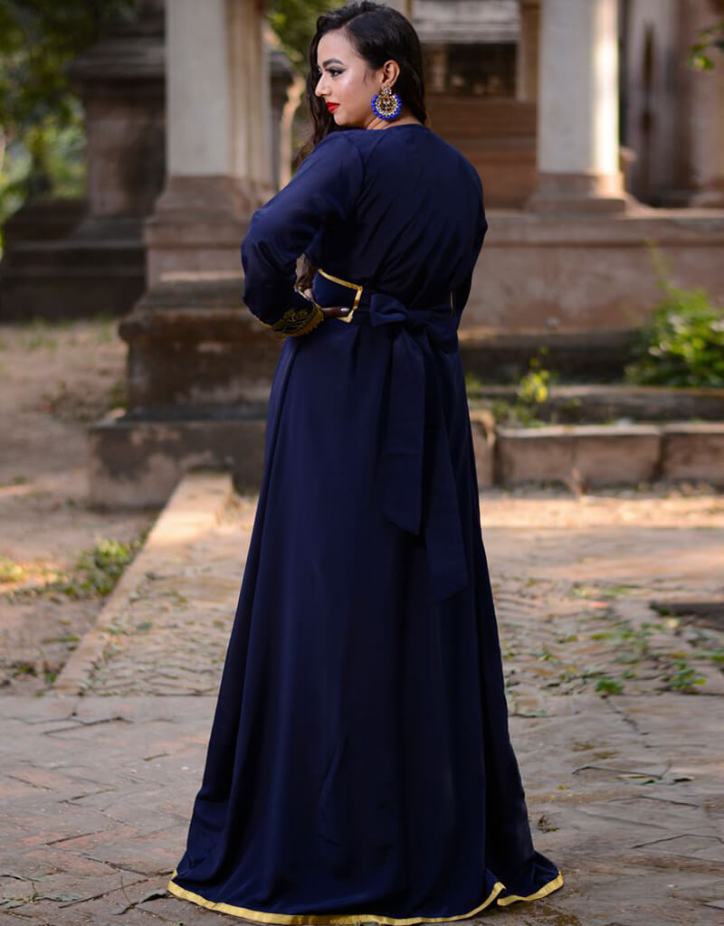 Muslim Dark Blue Crepe Georgette Hand Golden Embroidery Front Open ...