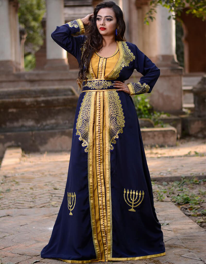 Muslim Dark Blue Crepe Georgette Hand Golden Embroidery Front Open ...