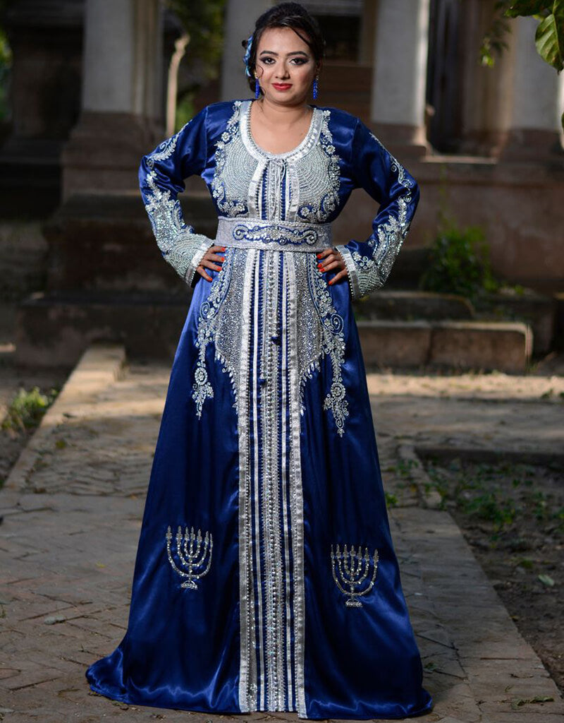 Arabic Dark Blue and White Color Silk Hand Silver Embroidery Kaftan ...