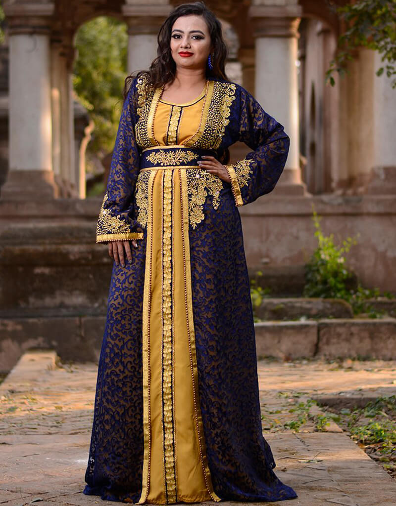 Women Golden Yellow Brasso Hand Golden Embroidery Kaftan Front Open ...