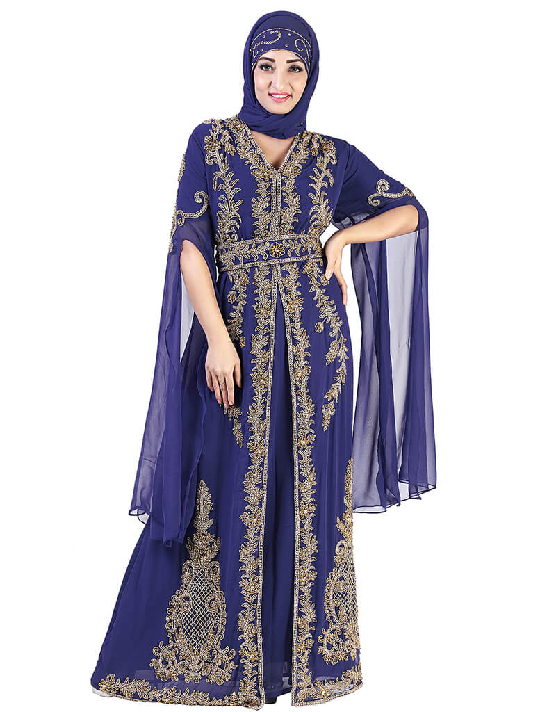 Islamic Navy Blue Georgette Pearl Embroidery Kaftan Moroccan, Golden ...