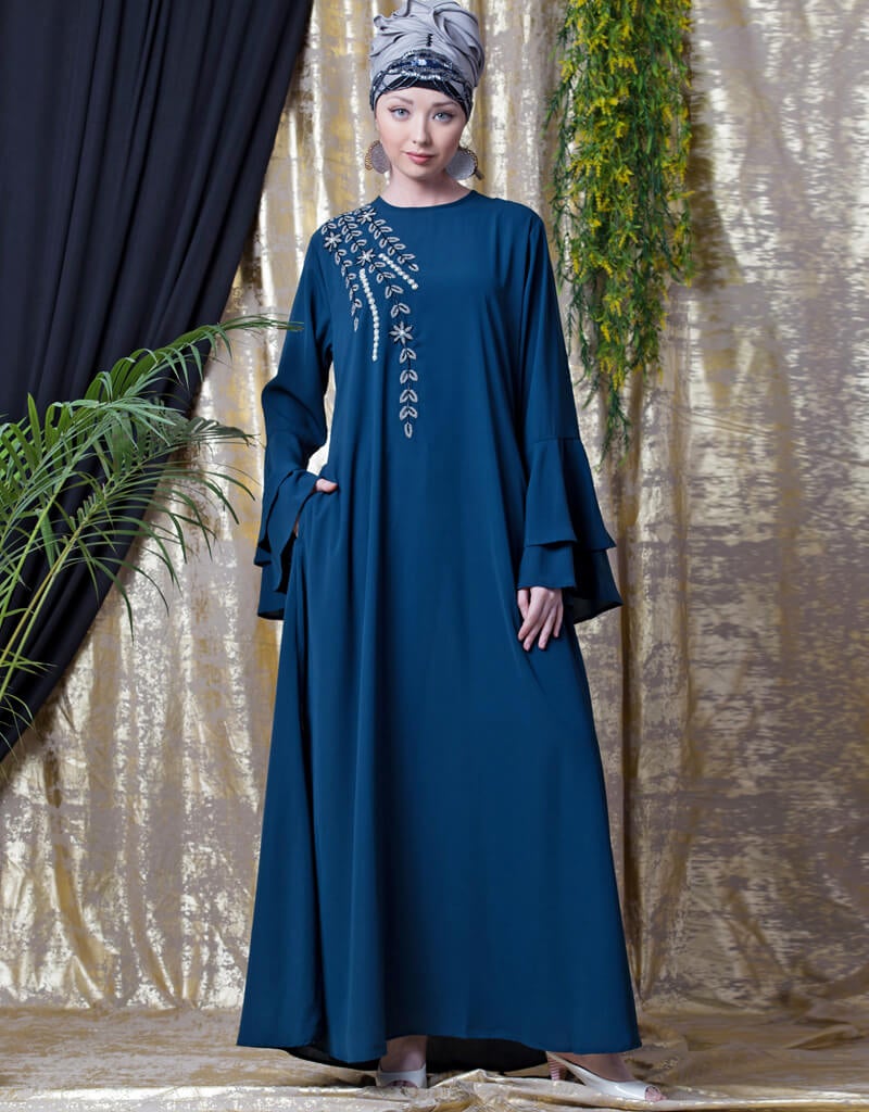 Muslim Hand work Teal Party Abaya Blue Flared, Modest, Satin, Partywear ...