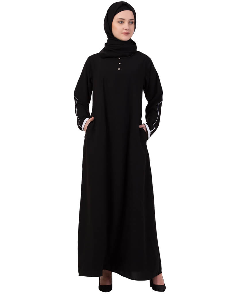 Muslim Contrast Piping at Sleeve Casual Abaya Black Flared, Modest ...