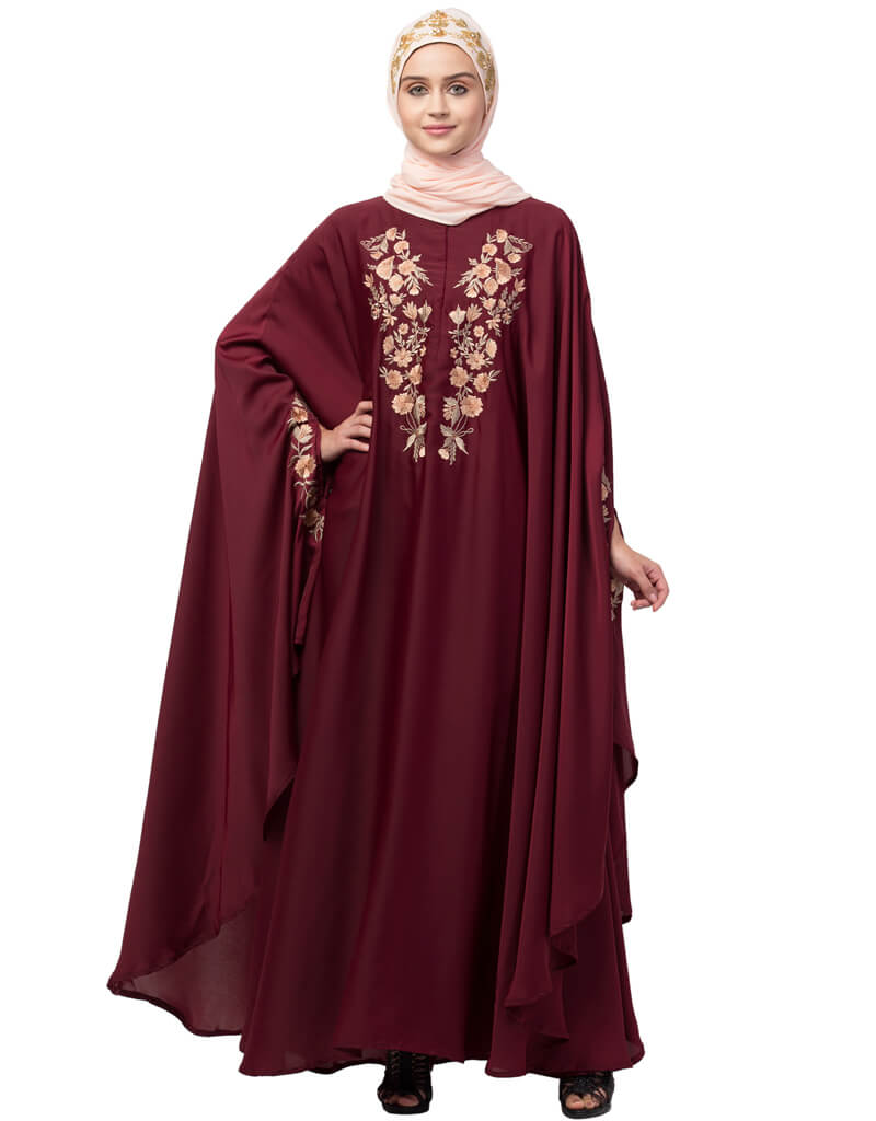 Arabic Neck and Sleeve Embroidered Irani Kaftan Maroon Flared, Modest ...