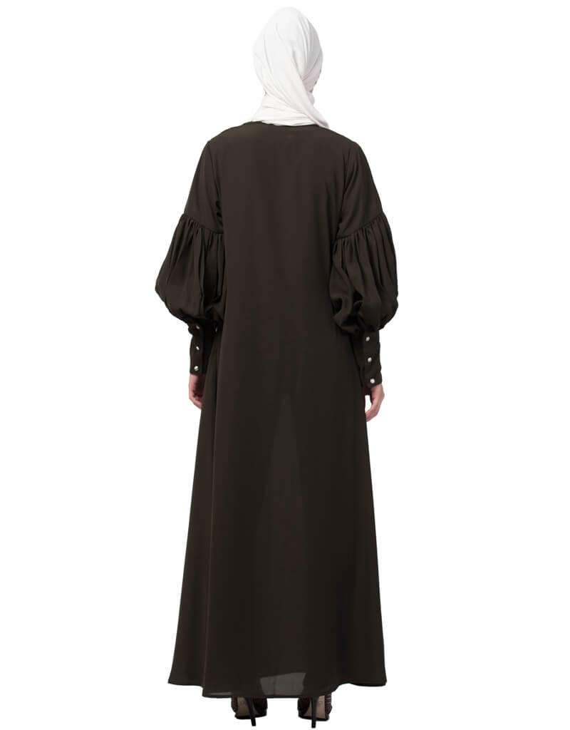 Modern Long cuff full balloon sleeve with belt A line Abaya Olive ...