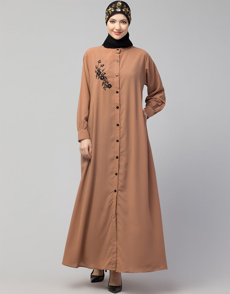 Arabic Front Open with Black Embroidery Casual Abaya In The Color Skin ...