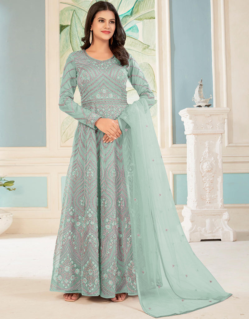 Heavy Designer Suit Collection Here In Green Net With Anarkali And ...