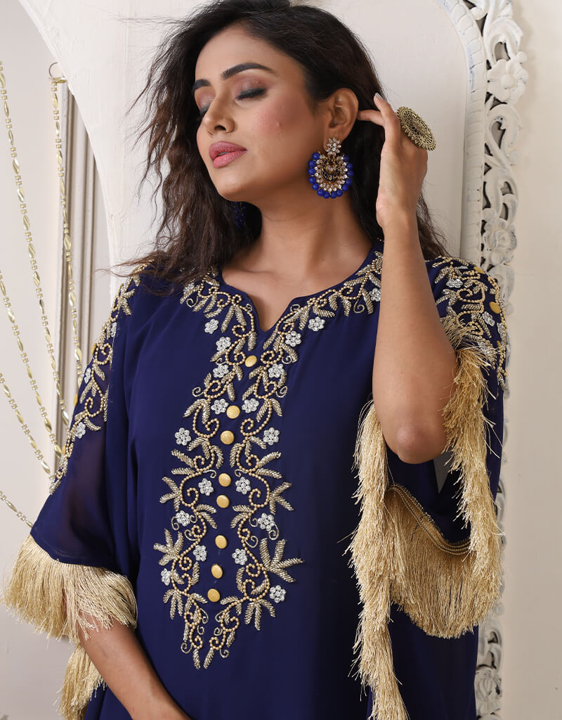 Islamic Dark Blue Georgette Stones Embroidery Farasha Farasha, Multi ...