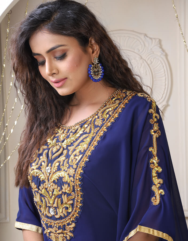 Arabic Dark Blue Georgette Stones Embroidery Farasha Farasha, Golden ...