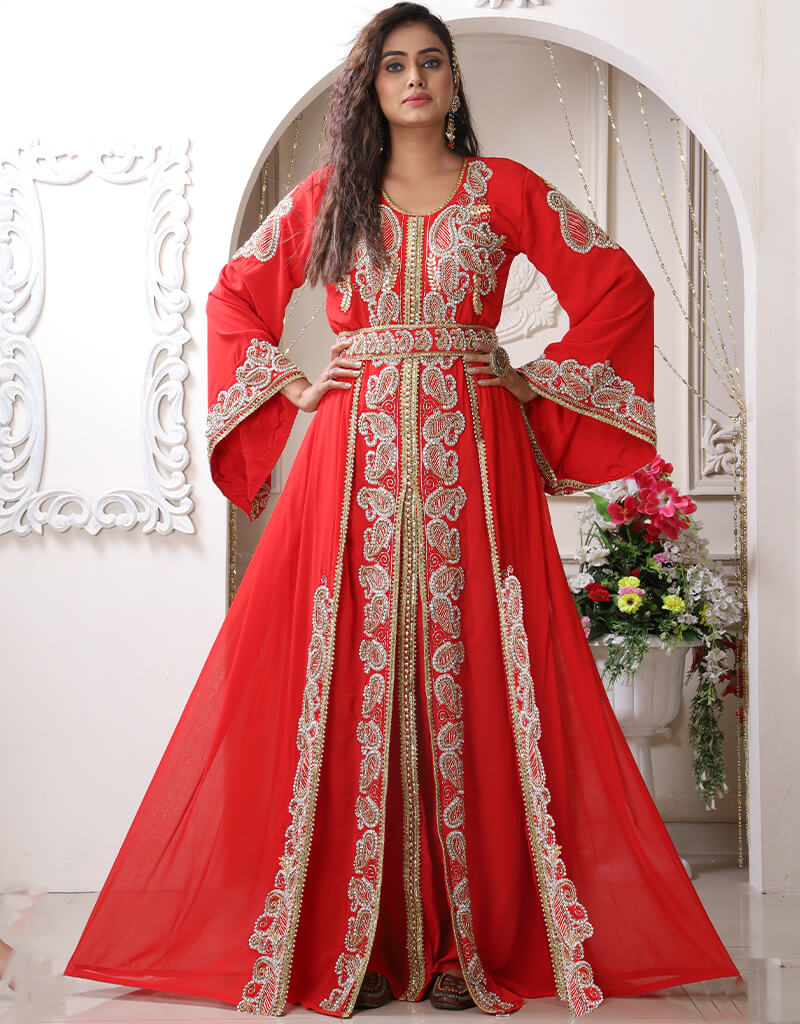 Chic Red Georgette Stone Embroidery Moroccan Moroccan, Silver ...