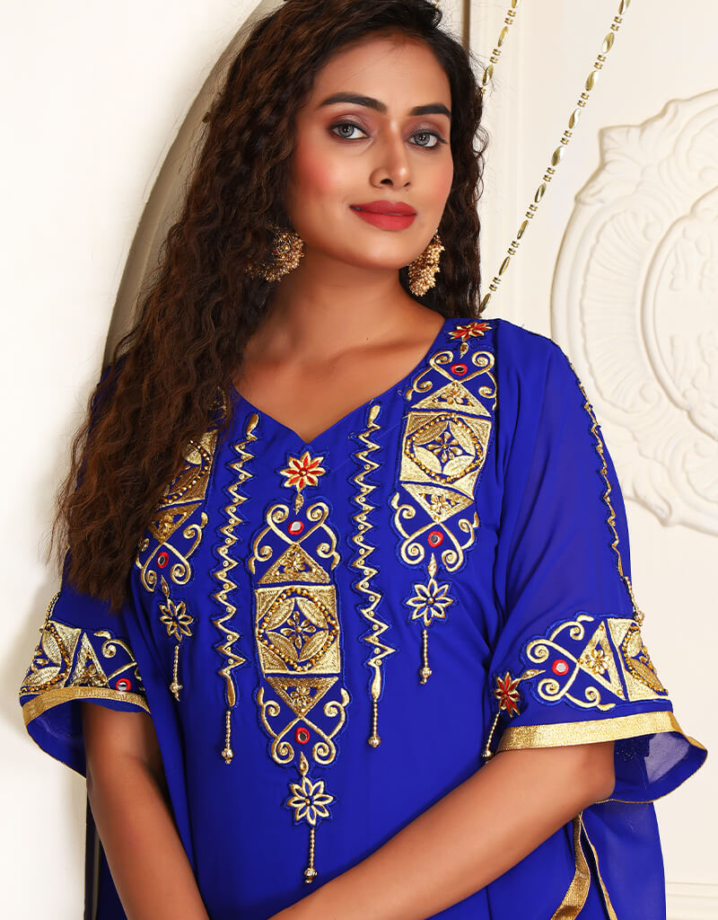 Arabic Blue Georgette Stones Embroidery Farasha Farasha, Multi ...
