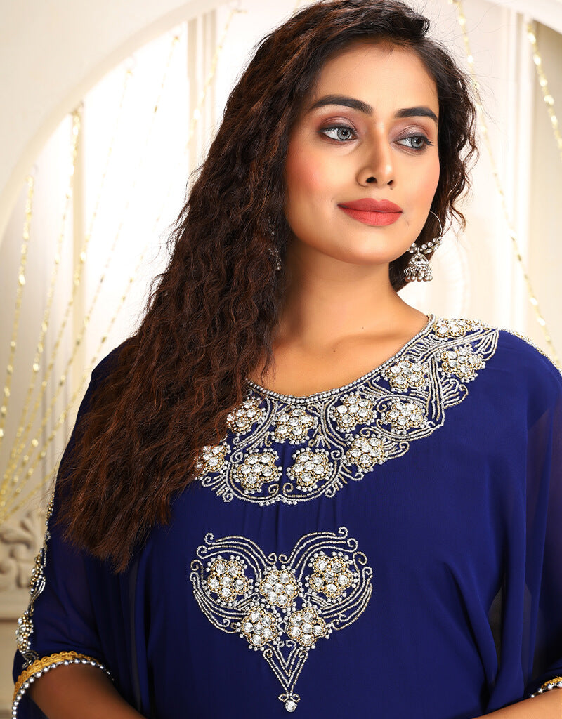 Women Dark Blue Georgette Stones Embroidery Farasha Farasha, Silver ...