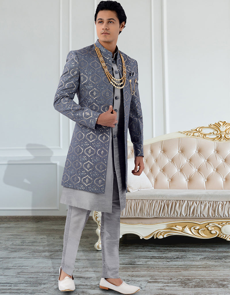 modern grey Kurta silk Jacket Grey Embroidered – Arabic attire