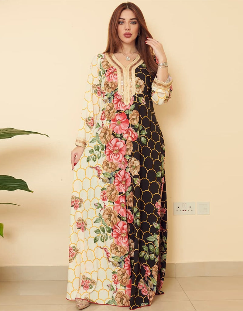 Beading Floral Print Long Arabic Dress – Arabic attire