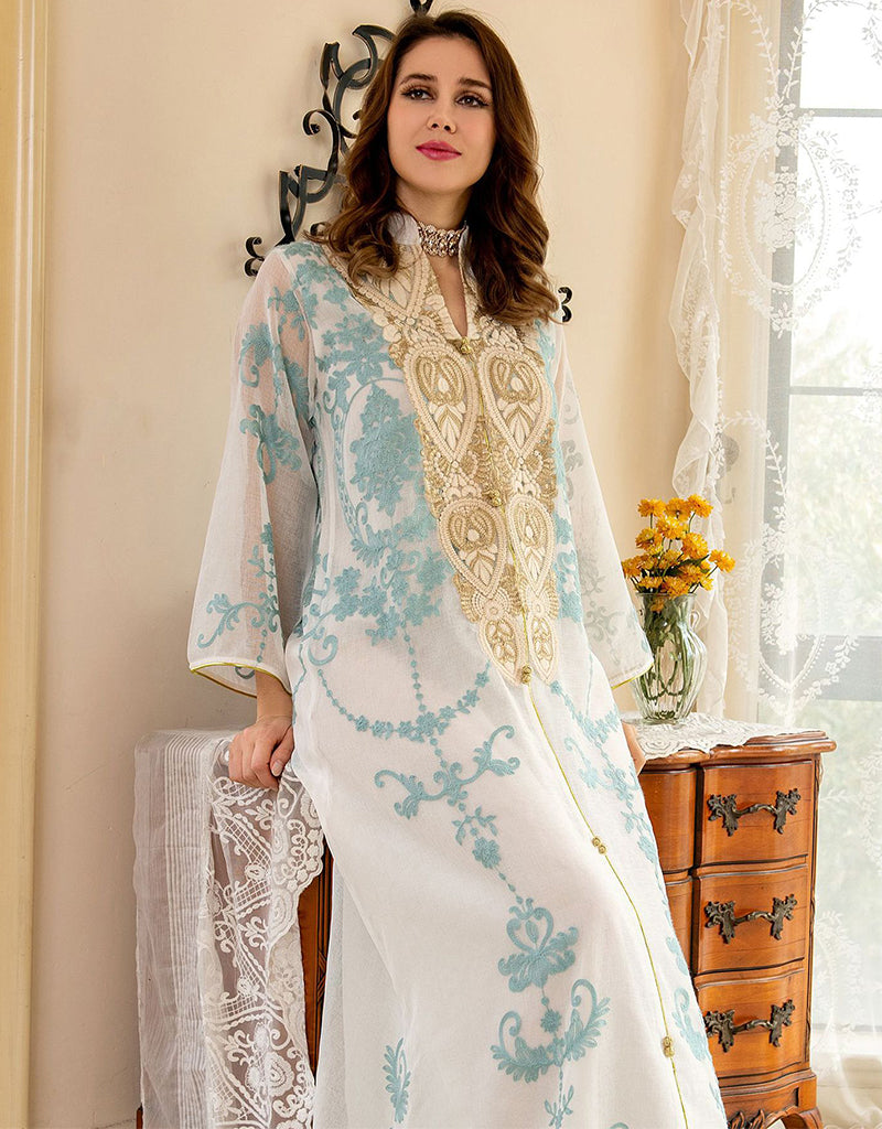 Islamic Embroidery White Jalabiya Imitation Linen Arabic Dress Women P ...