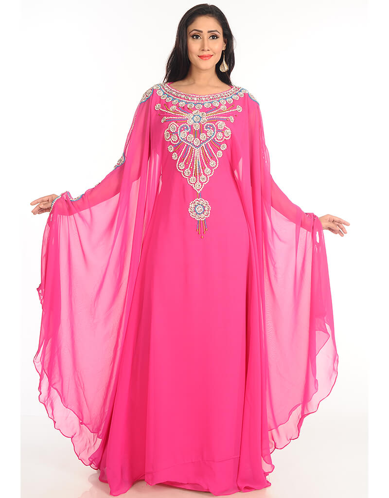 Islamic Pink Georgette Hand Zari Embroidery Farasha Farasha, Silver ...