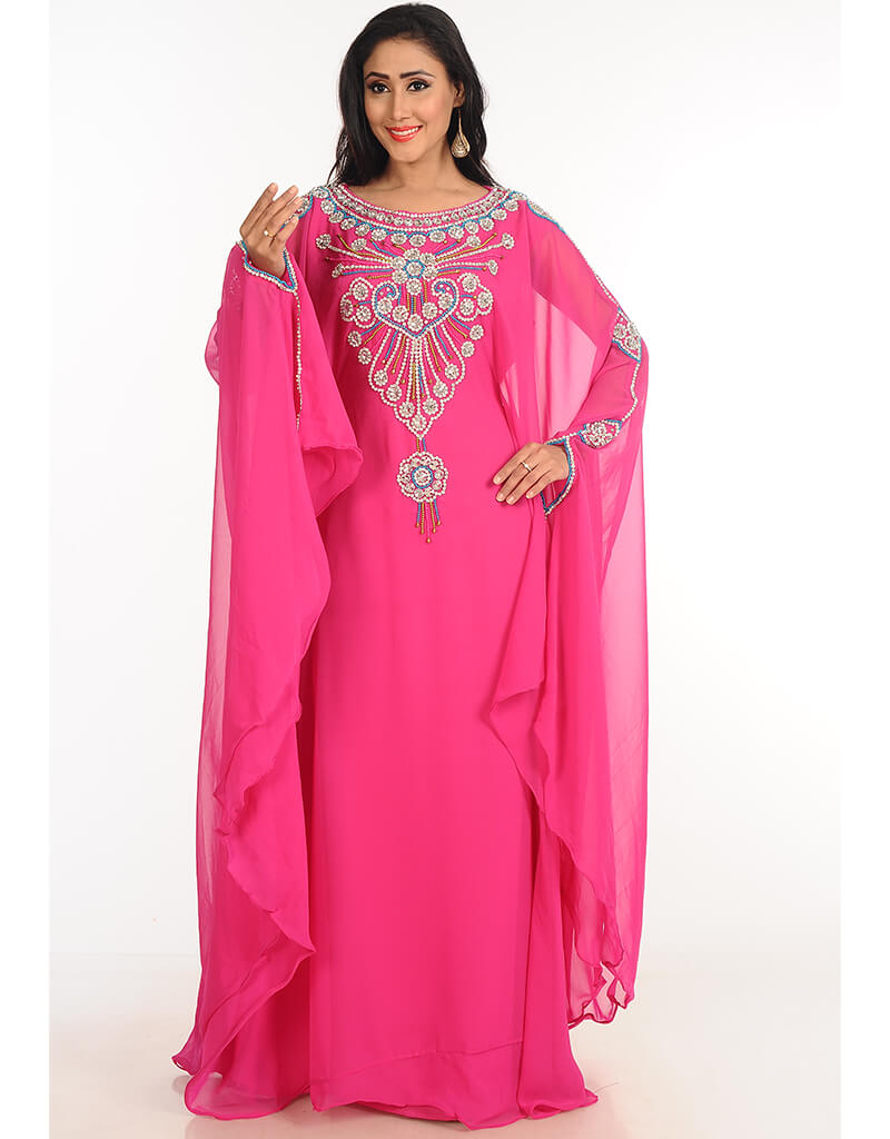 Islamic Pink Georgette Hand Zari Embroidery Farasha Farasha, Silver ...