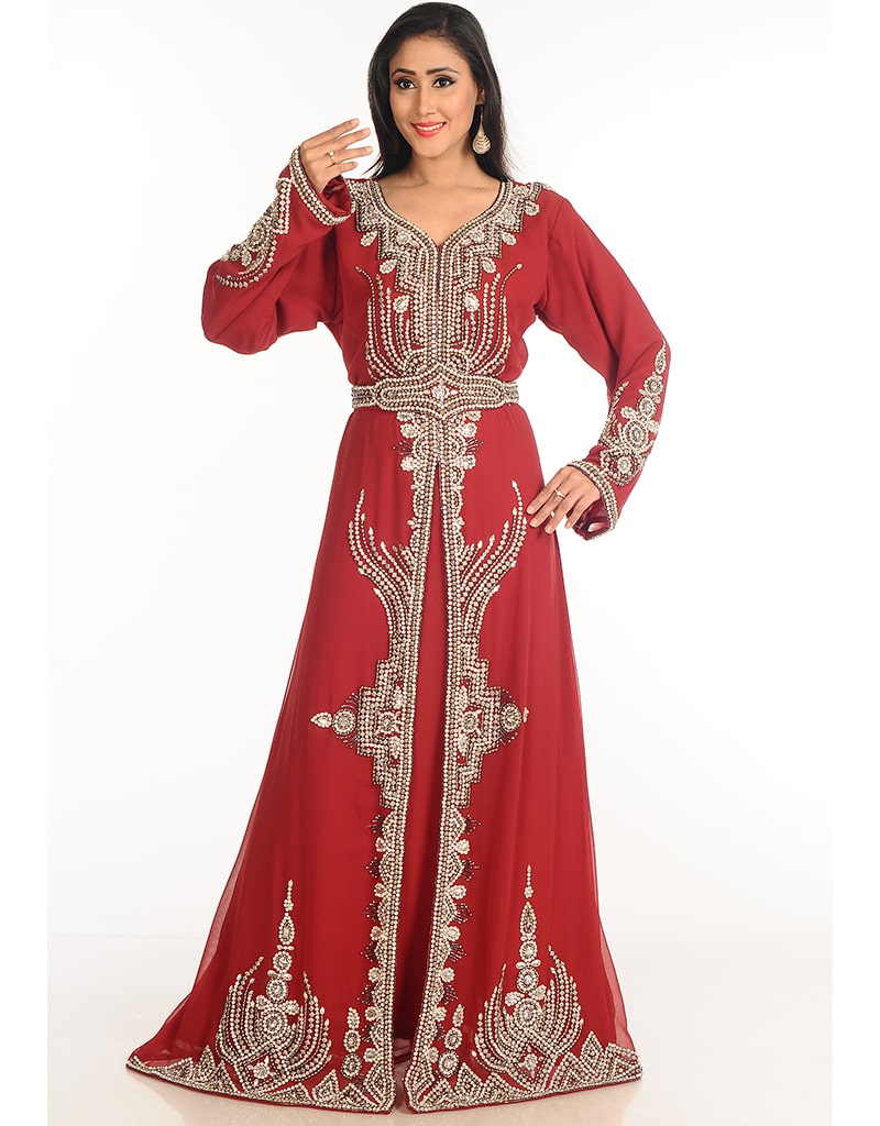 Arabic Maroon Georgette Hand Zari Embroidery Kaftan Takchita, Silver ...