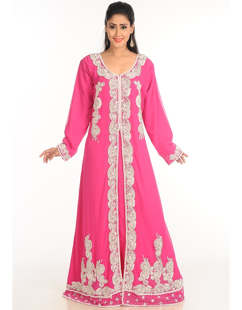 Modern Pink Georgette Hand Zari Embroidery Kaftan Moroccan, Silver ...