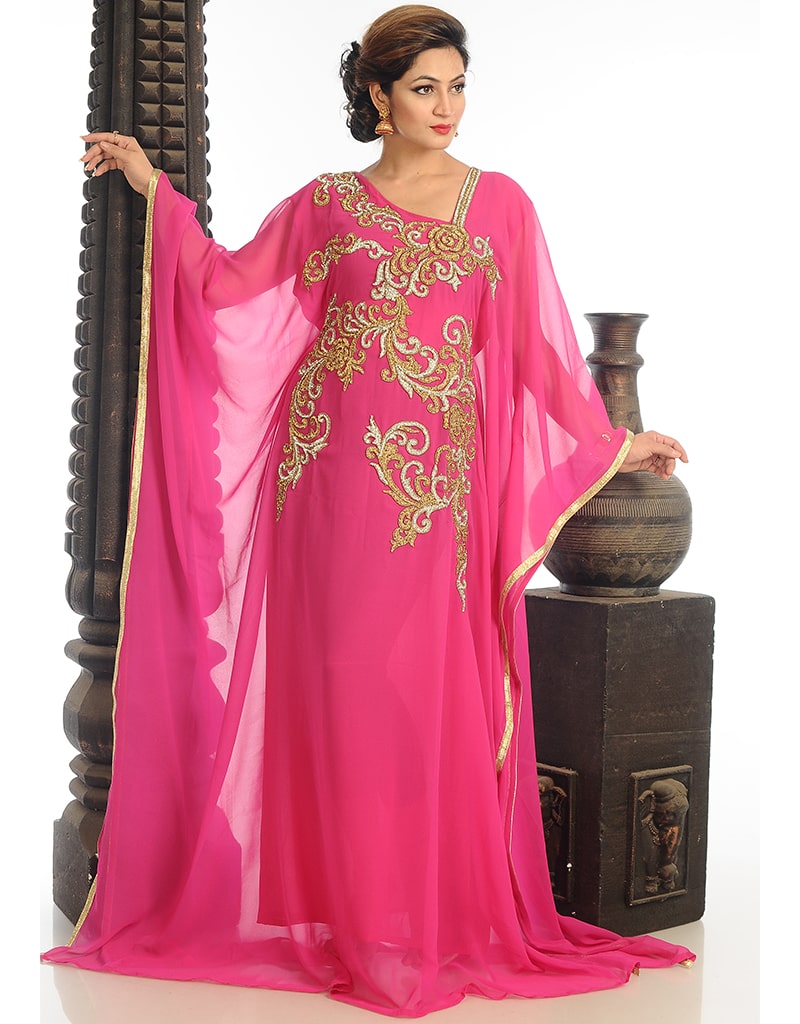 Women Fuchsia Pink Georgette Hand Zari Embroidery Farasha Farasha ...