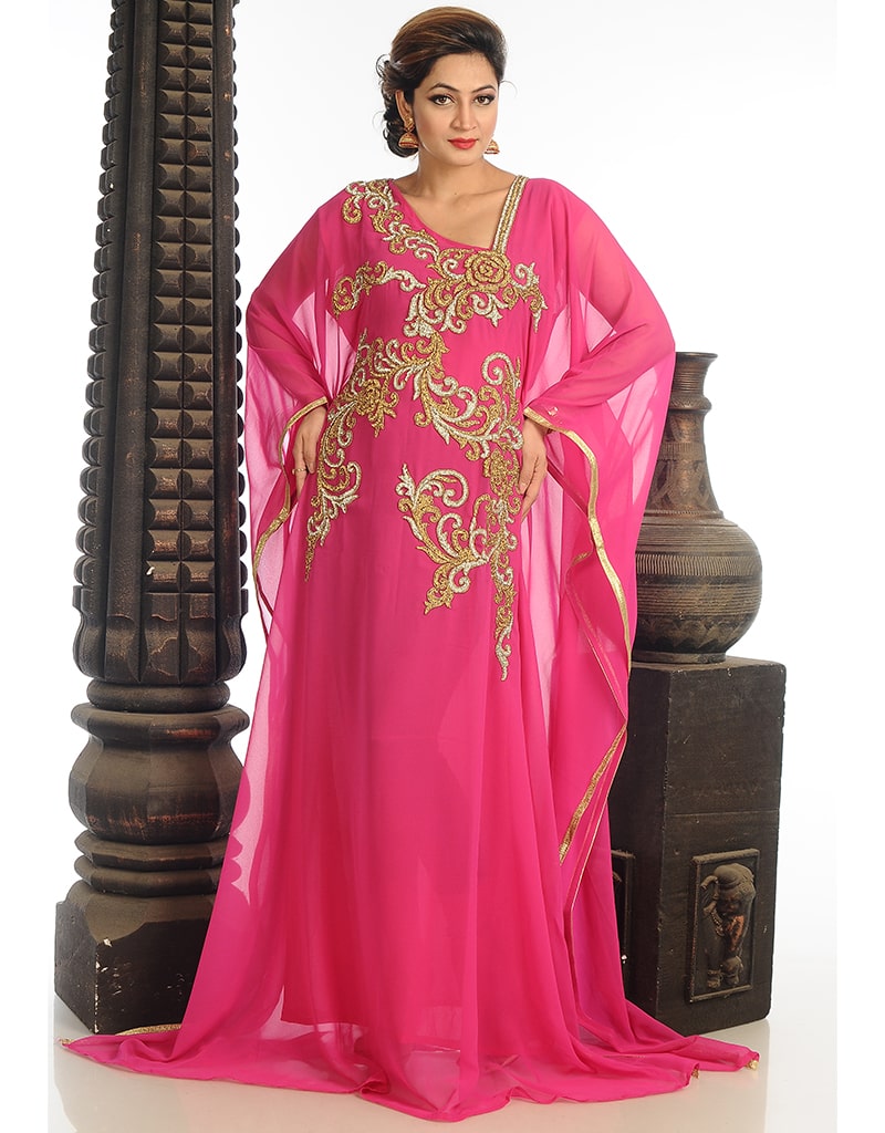 Women Fuchsia Pink Georgette Hand Zari Embroidery Farasha Farasha ...