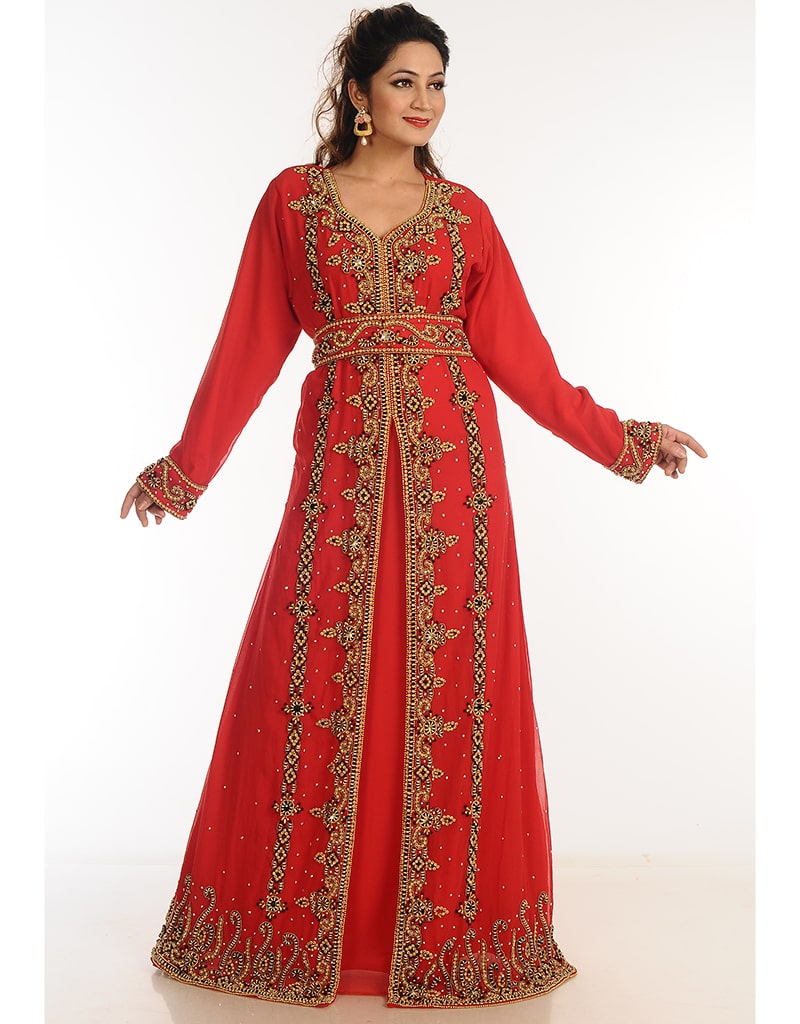 Muslimah Red Georgette Hand Zari Embroidery Kaftan Front Open, Multi ...