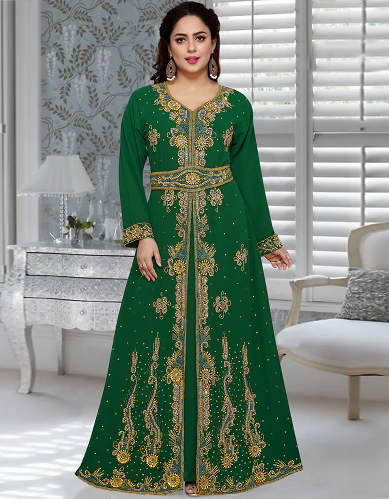 Muslim Green Georgette Multi Embroidery Moroccan Kaftan Moroccan, Multi ...