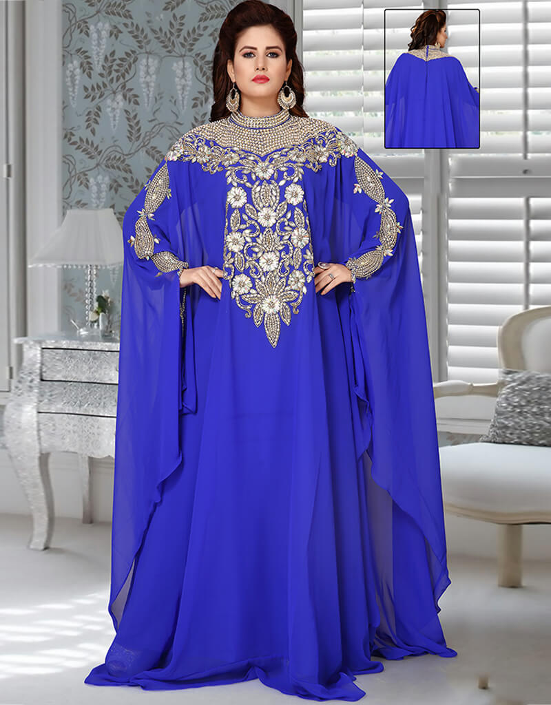 Arabic Royal Blue Georgette Hand Pearl Embroidery Farasha Farasha ...