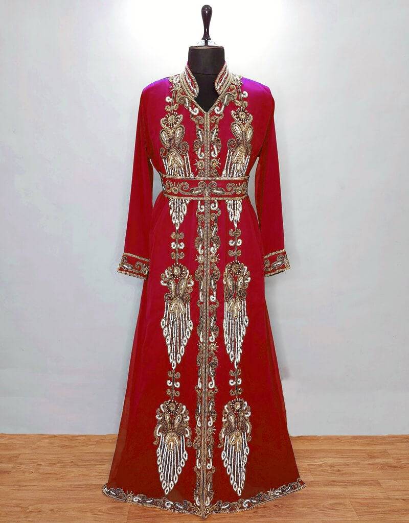 Trendy Wedding moroccan Style caftan Maroon Embroidered, Flared ...