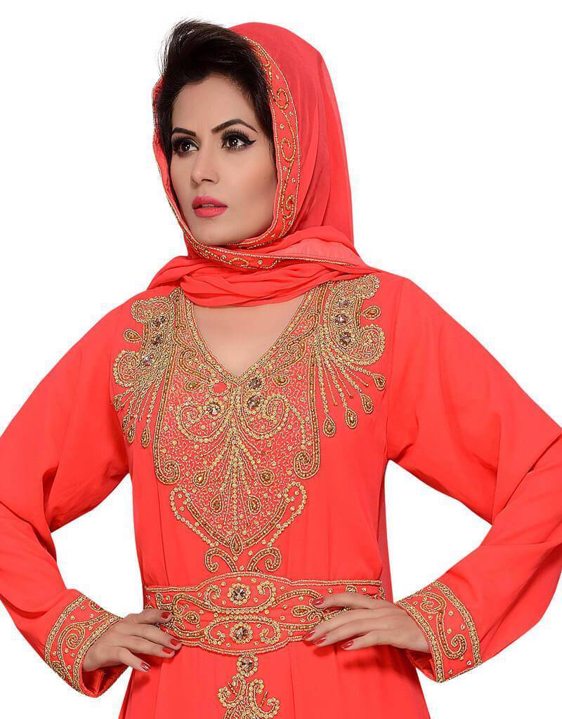 Floor length maxi with Hijab Georgette Fabric, Golden Embroidered ...