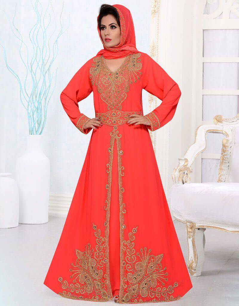 Floor length maxi with Hijab Georgette Fabric, Golden Embroidered ...