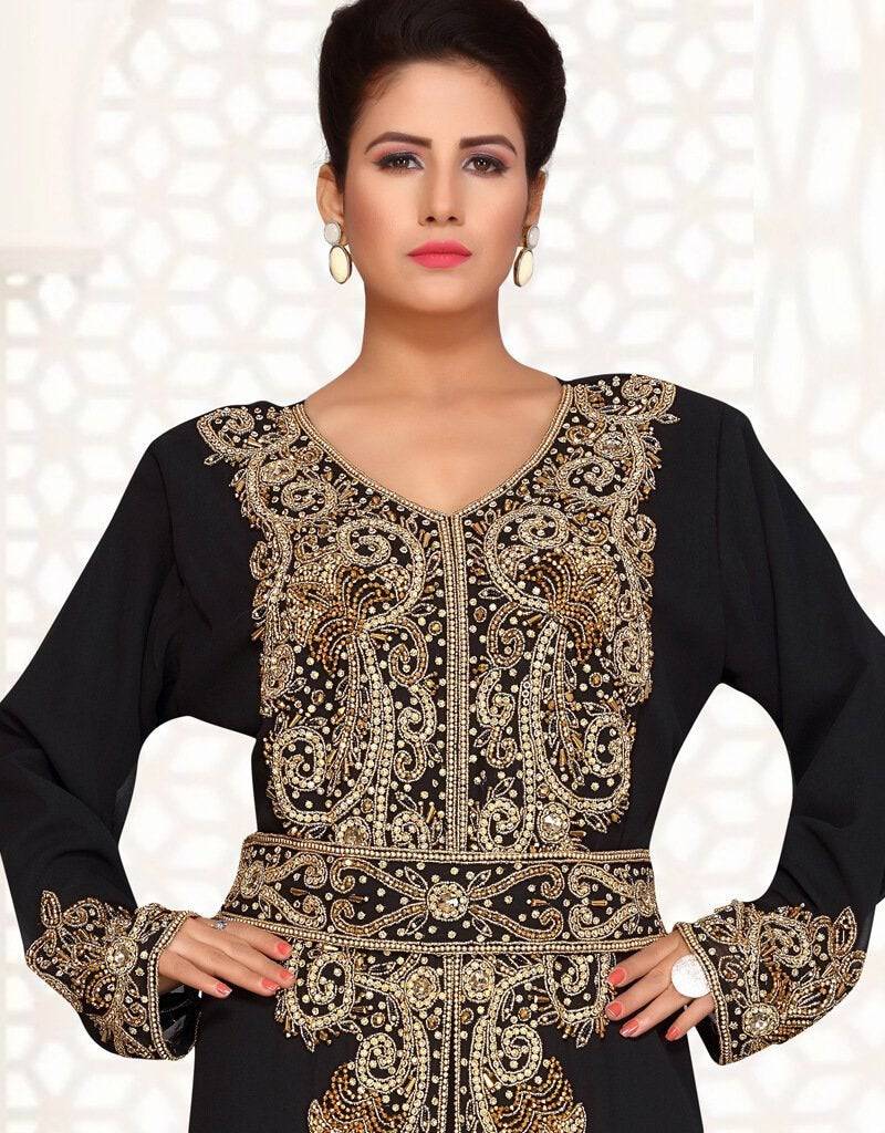Full Sleeve moroccan caftan for women Black Color, Copper Embroidered ...