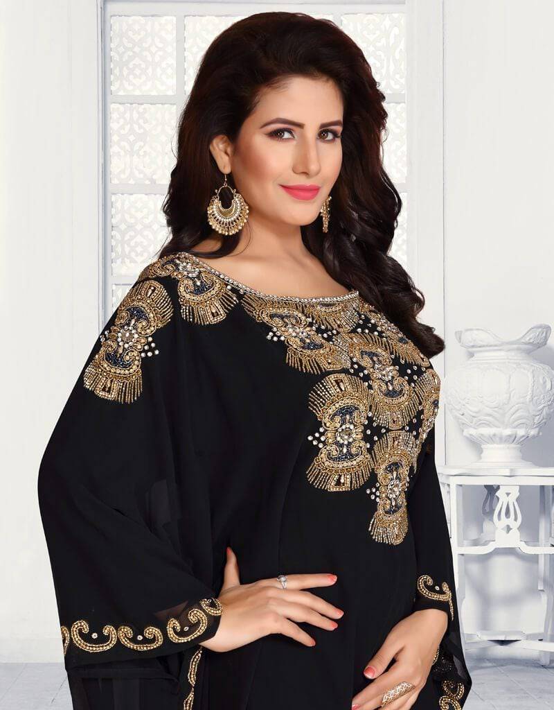 Gold embroidered islamic farasha Black Color, Farasha Style, Georgette ...
