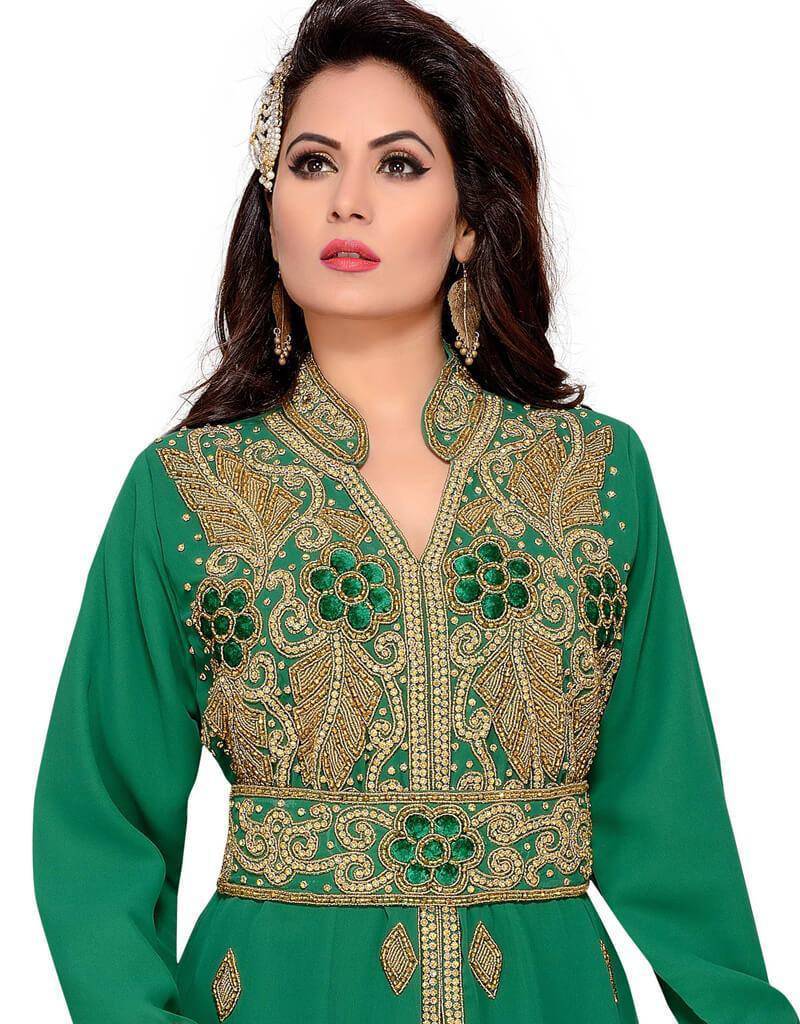 V-neck Caftan stand collar style Georgette Fabric, Golden Embroidered ...