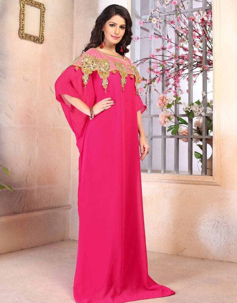 Modest Islamic dubai kaftan Dubai, Georgette, Pink, Handmade, Golden ...